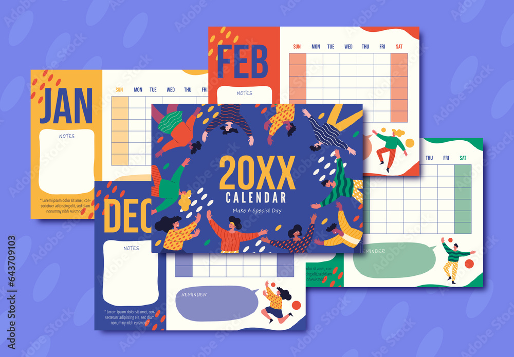 Colorful Calendar and Planner Template with Happy People Illustrations ...