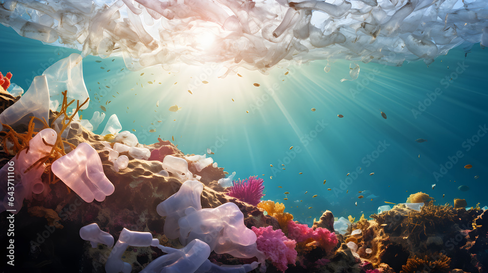 Underwater view of coral reef surrounded with a plastic trash with ...