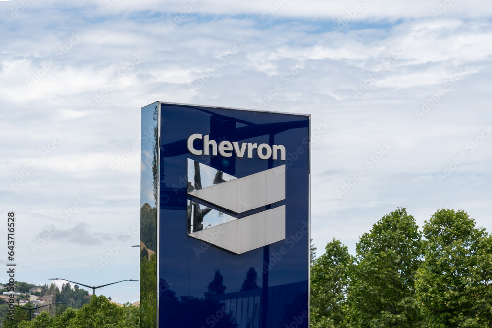 Chevron signage at the entrance of the campus in San Ramon, California ...
