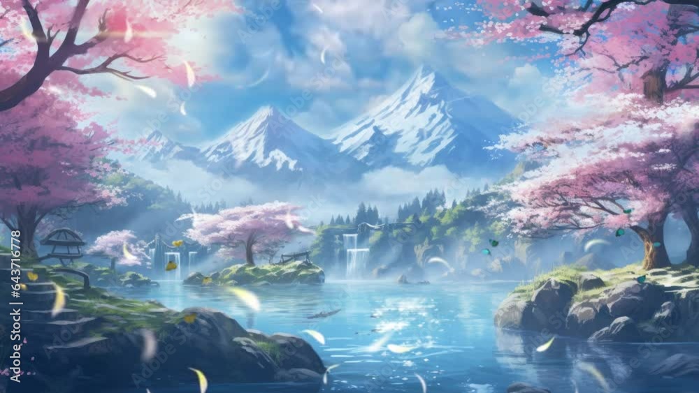 Beautiful fantasy spring nature landscape and cherry blossom tree ...