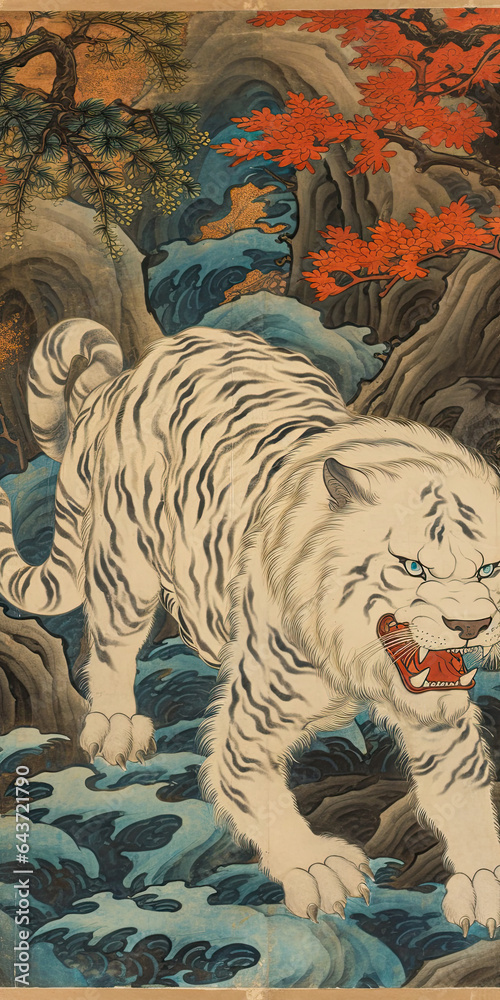 Japanese Ukiyo-e White Tiger Illustration,A White Tiger in a ...
