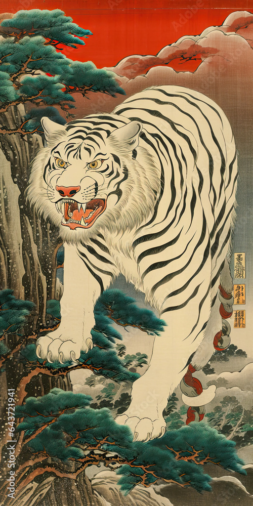 Japanese Ukiyo-e White Tiger Illustration,A White Tiger in a ...