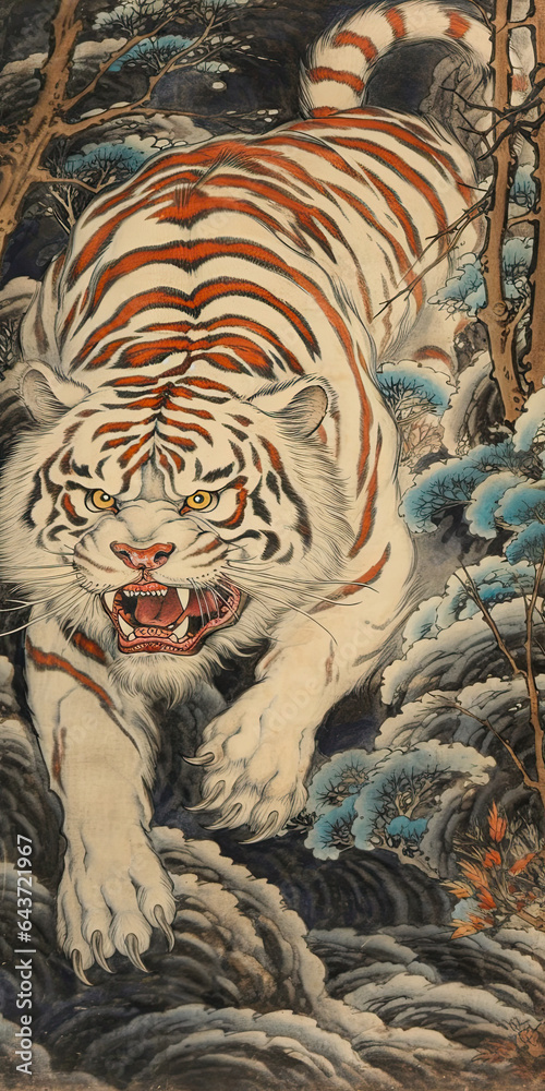 Japanese Ukiyo-e White Tiger Illustration,A White Tiger in a ...