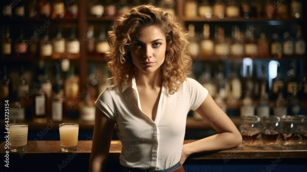 Beautiful female bartender standing in front of bar with blurred ...
