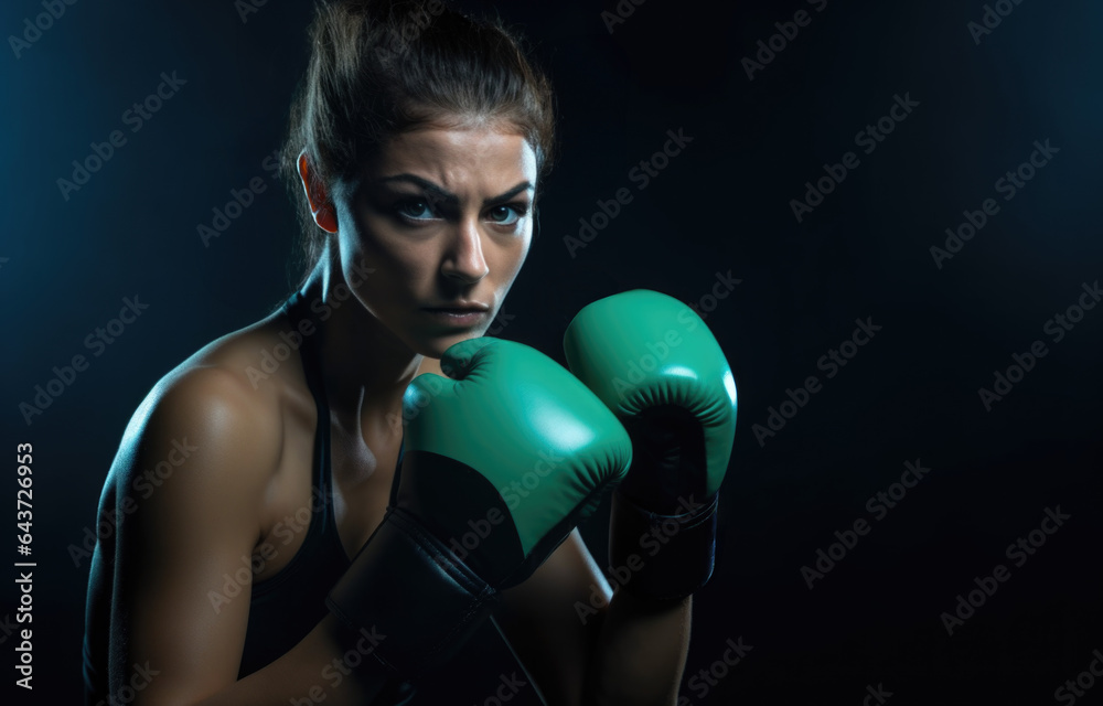 Woman fighter with green boxing gloves posing for the camera on the ...