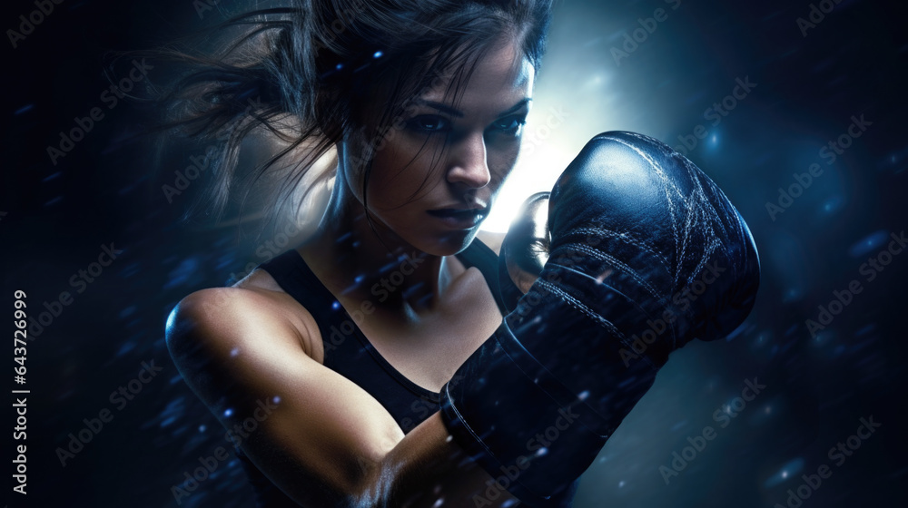 Beautiful female fighter boxing in front of a dark background with ...