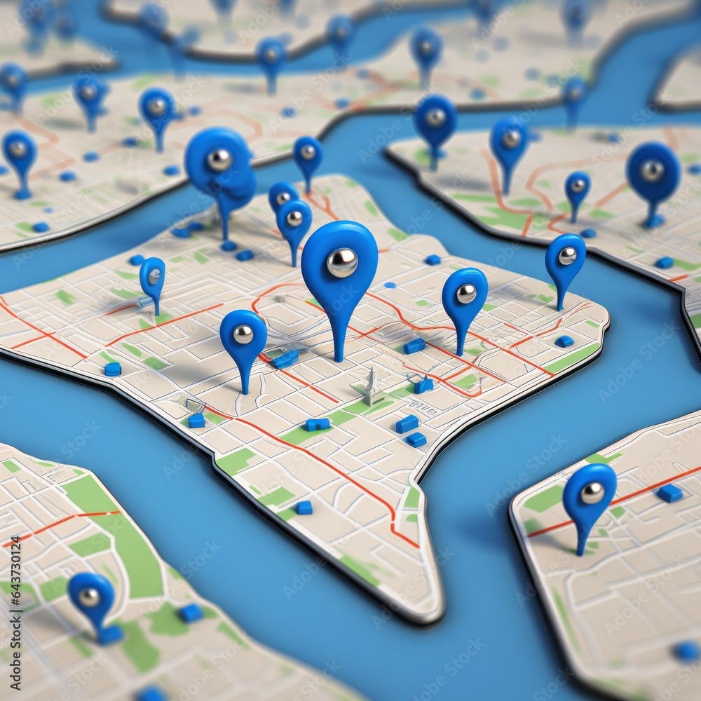 3D model map with geolocation, pins, streets, houses, rivers, in the ...