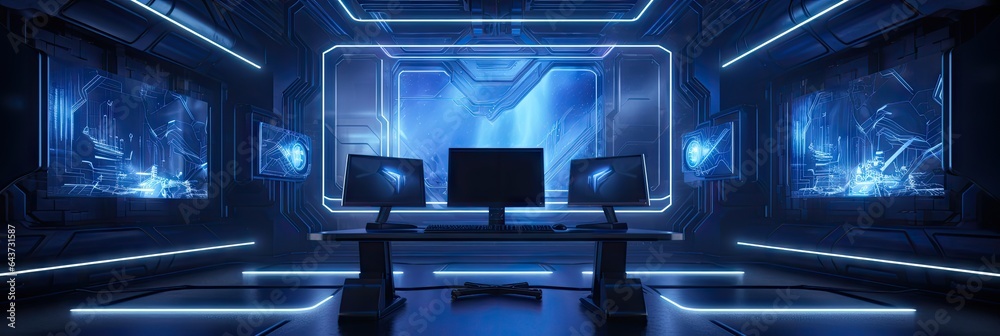 interior of an empty esports gaming den with computer, chair, desk ...