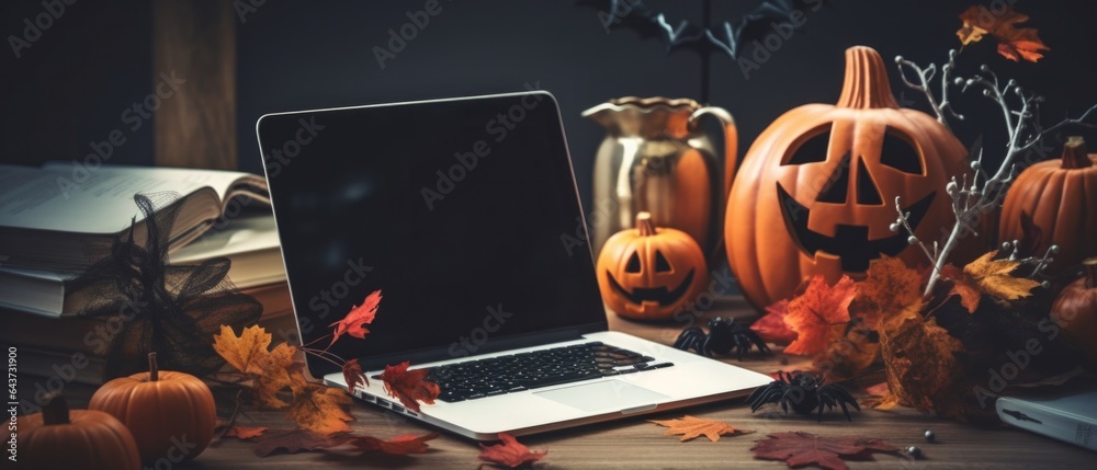 Laptop Happy Halloween pumpkins on table workspace background, computer ...