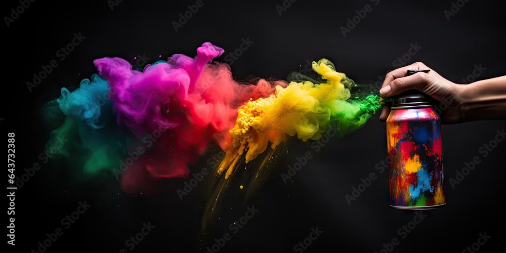 Spray can spraying rainbow spray paint against black background Stock ...