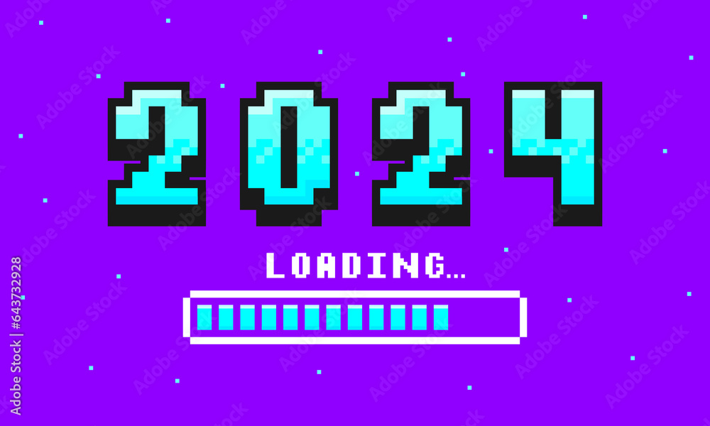 2024 pixel art banner for New Year. 2024 numbers in 8-bit retro games ...