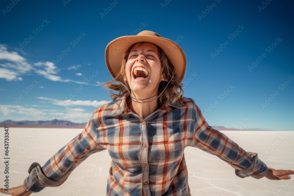 Environmental portrait photography of a joyful girl in her 40s wearing ...