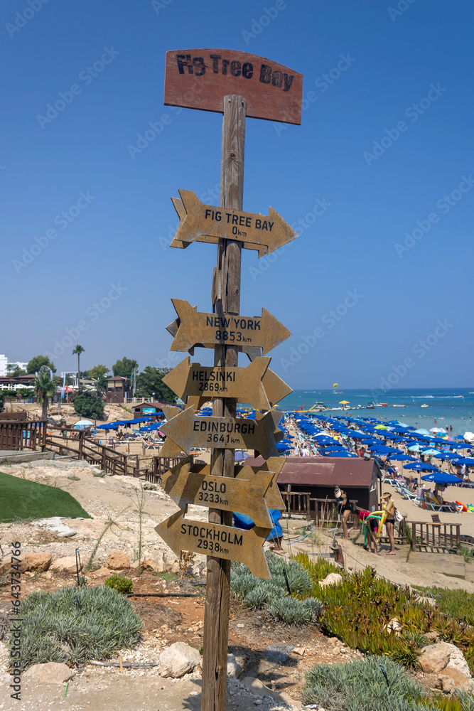 Directional signage on Fig Tree Bay beach in Protaras, Cyprus Stock ...