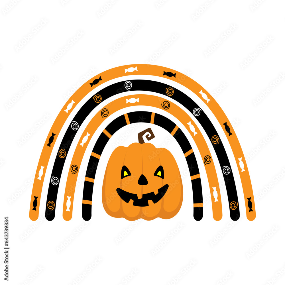 Halloween rainbow and pumpkin icon. Color silhouette. Front view ...