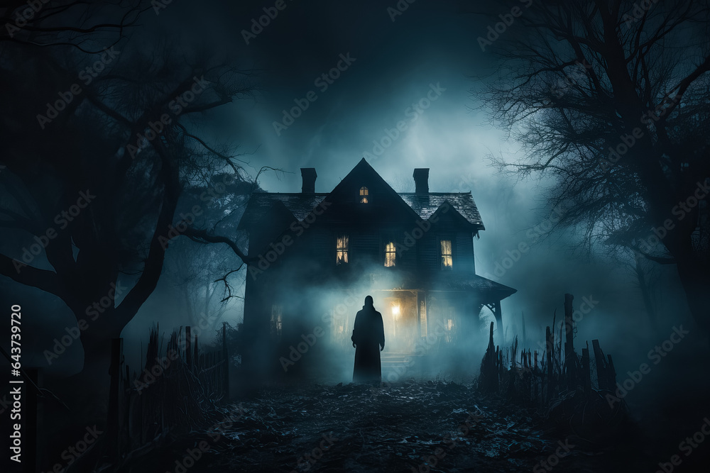 A spooky haunted house with glowing windows and a ghostly figure ...