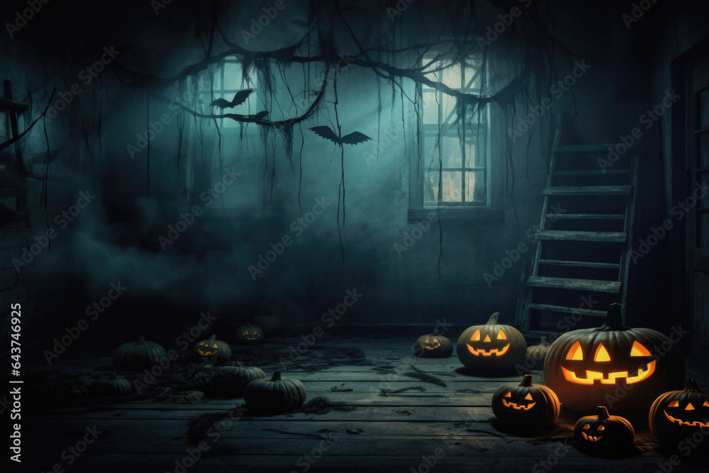 Foto de Halloween spooky background, scary pumpkins with smoke in old ...