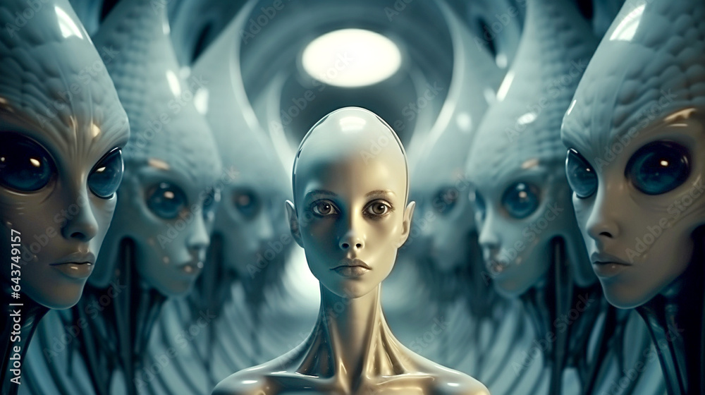 robot humanoid background with person alien in the space spaceship ...