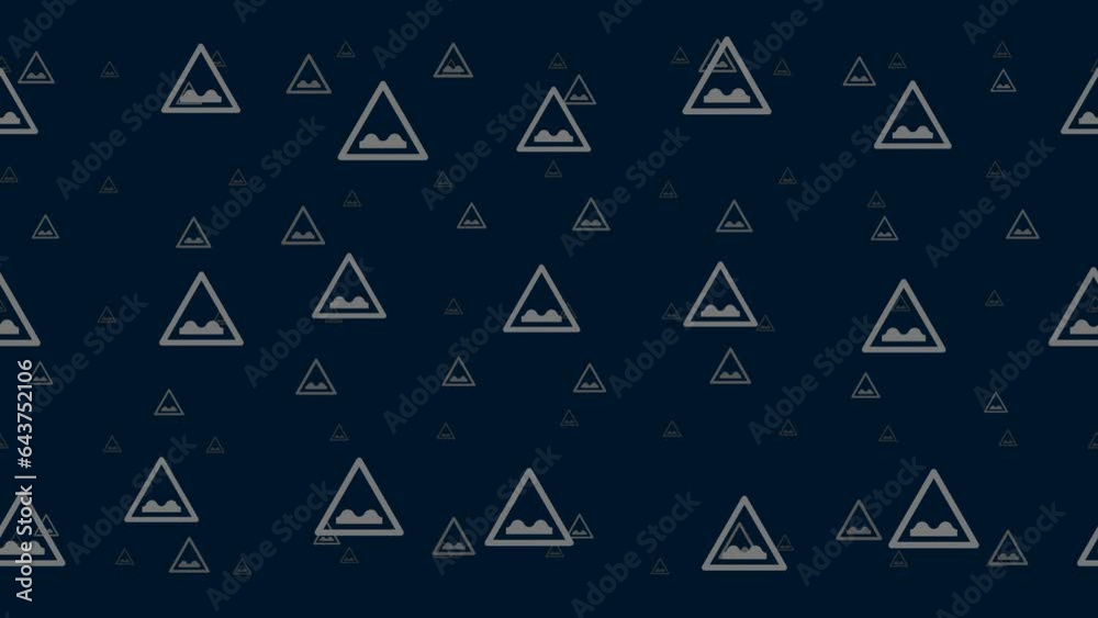 Rough road signs float horizontally from left to right. Parallax fly effect. Floating symbols ...