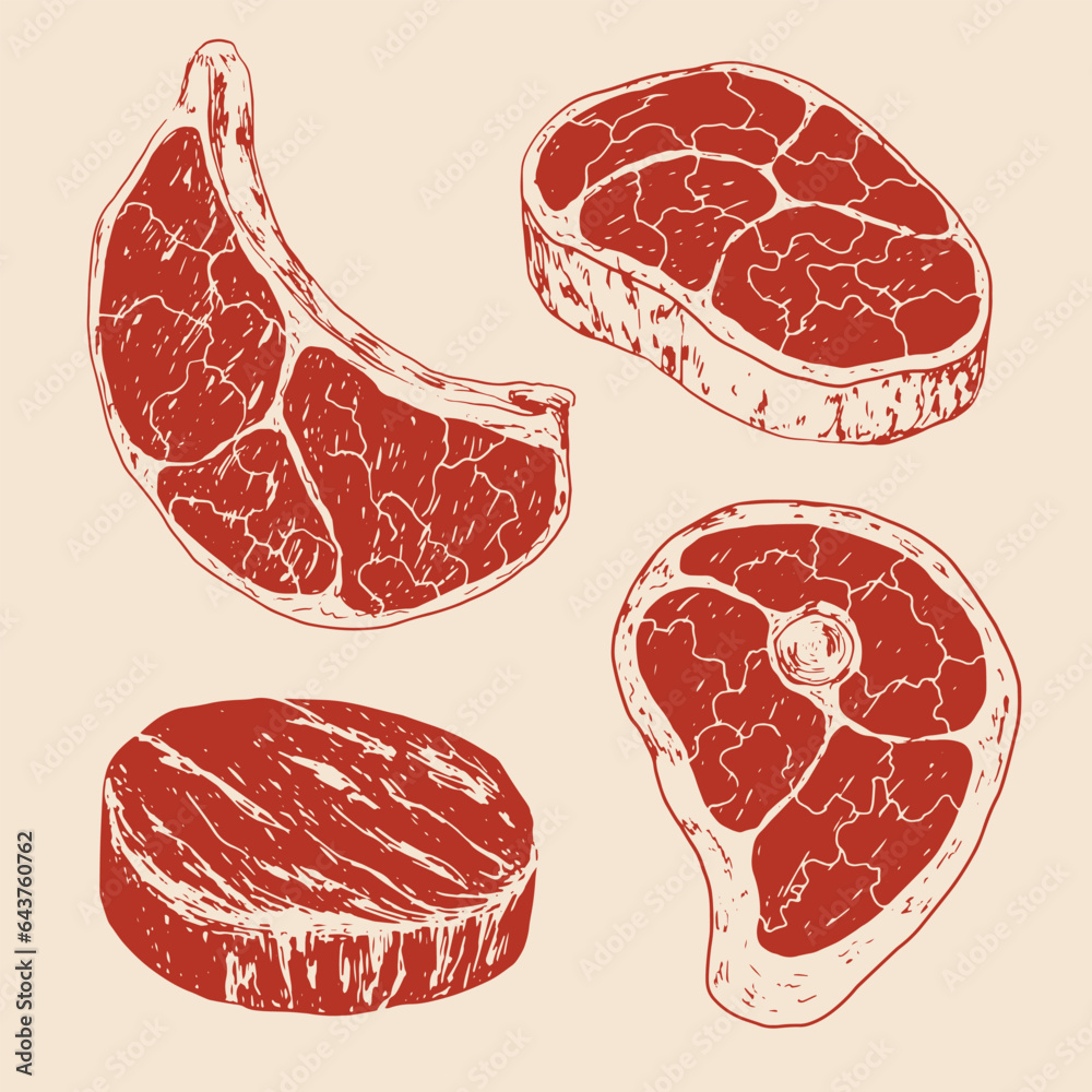 Set of raw red meat. Sketch style steak. Hand drawn T-Bone, Ribeye beef ...