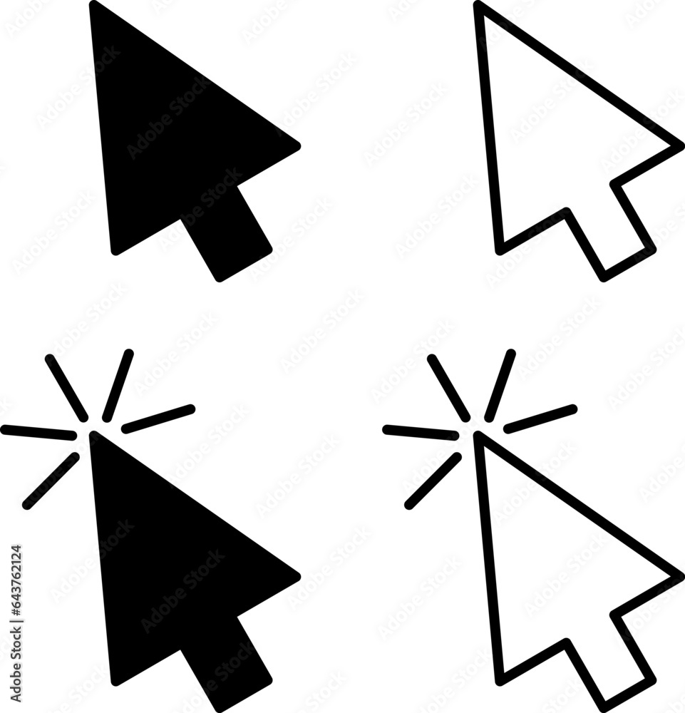 Set of black and white modern arrow cursors. Line cursor icon symbol. Flat style. Isolated on ...