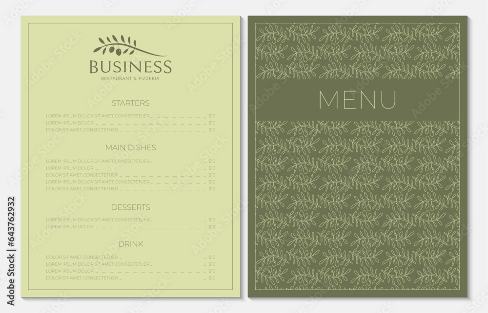 Italian Menu Card Template for Restaurants with Olive Logo Stock Vector ...