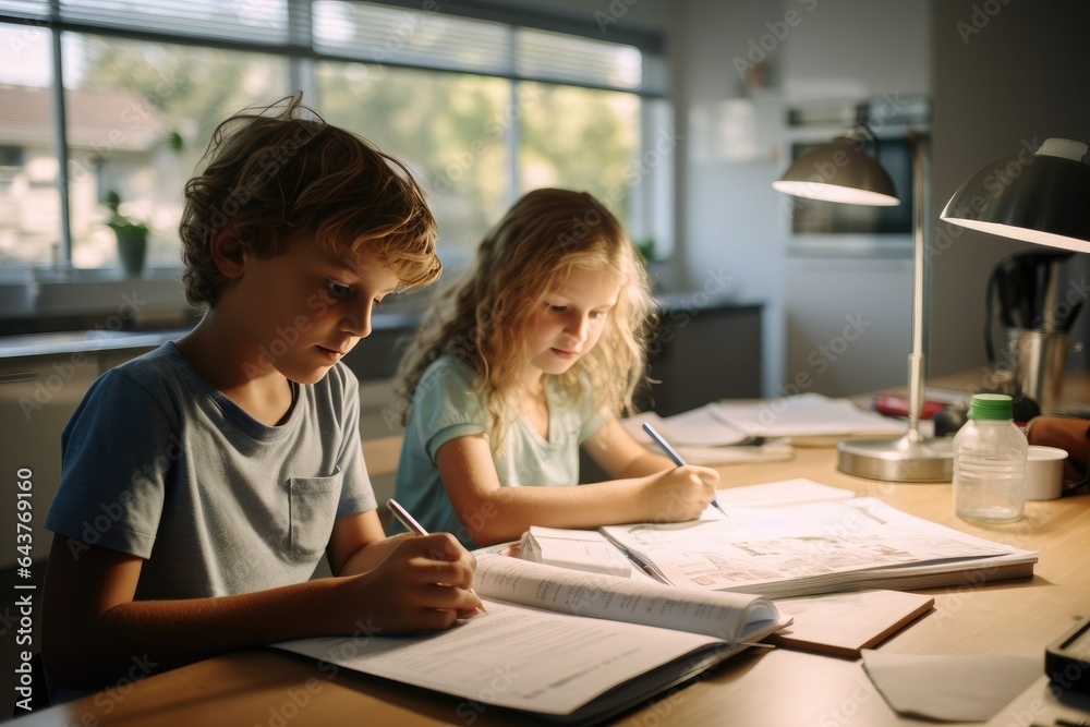 Brother with sister, siblings do their homework together at the table ...