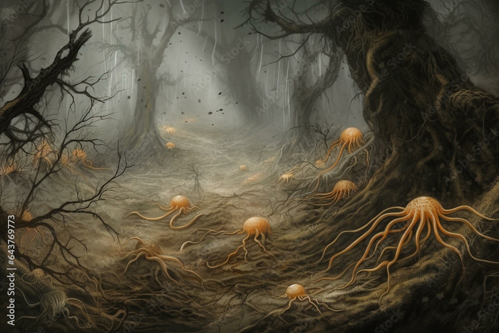 Terrifying illustration depicting cordyceps fungus hypha mycelium ...