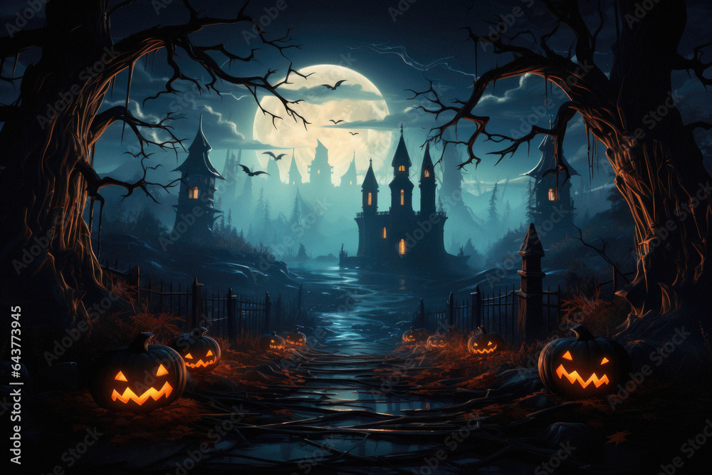 Halloween spooky background, scary jack o lantern pumpkins in creepy ...