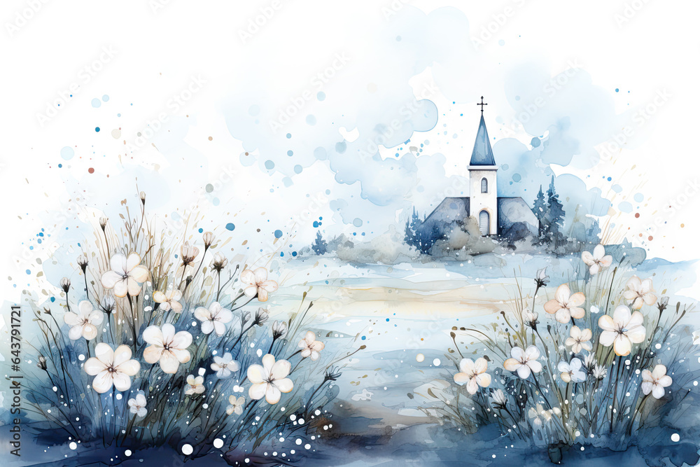 Watercolor Catholic Church in blue Painting on White, Wedding, First ...