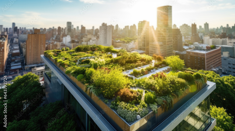 Aerial view of green rooftop garden showcasing sustainable city urban ...
