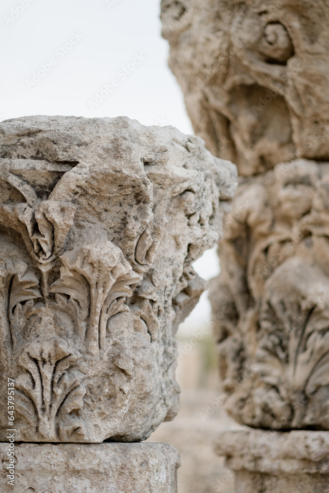 Closeup of the capital of an ancient Roman column at the Amman Citadel ...