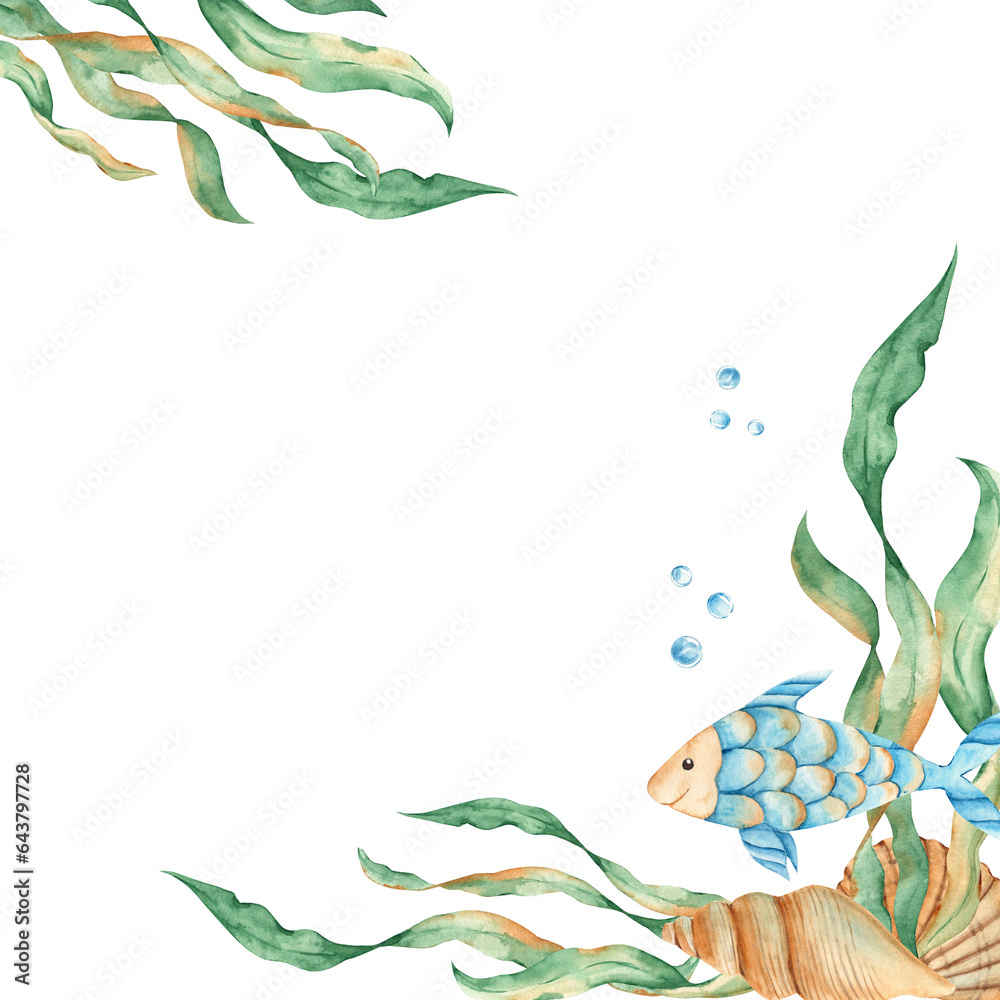 Marine corner frame, border of cute fish, seaweeds, red starfish ...