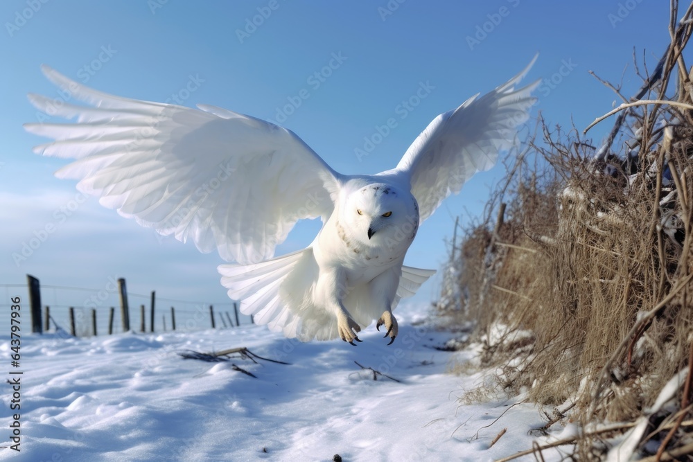 snowy owl taking off from a snow-covered ground, hunting Stock Photo ...