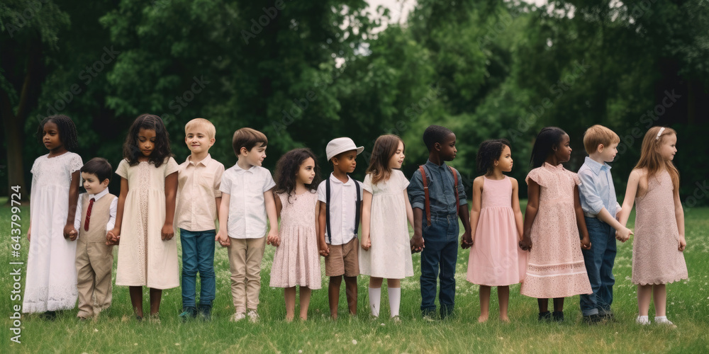 Generative AI, children of different races and nationalities hold hands ...