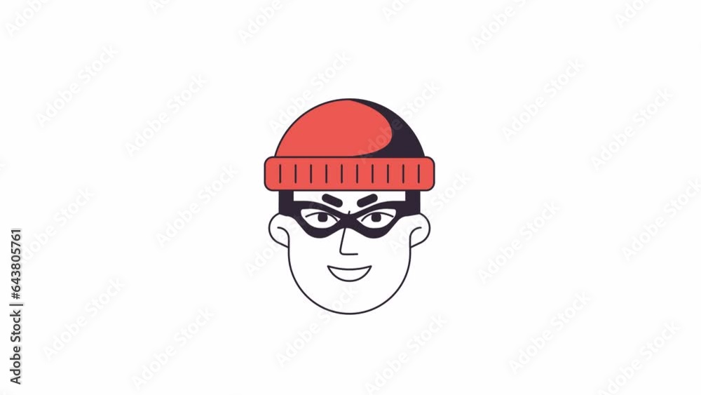 Evil smile burglar criminal line 2D avatar icon animation. Frowning ...