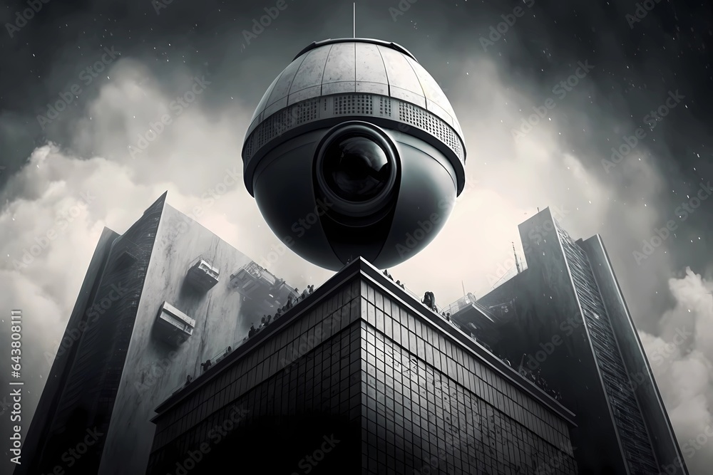 Surveillance camera monitoring busy city street in dystopia. Security ...