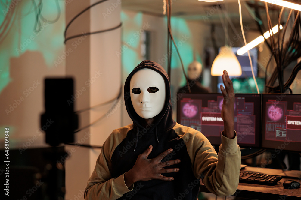 African american hacker planting virus to break firewall encryption ...