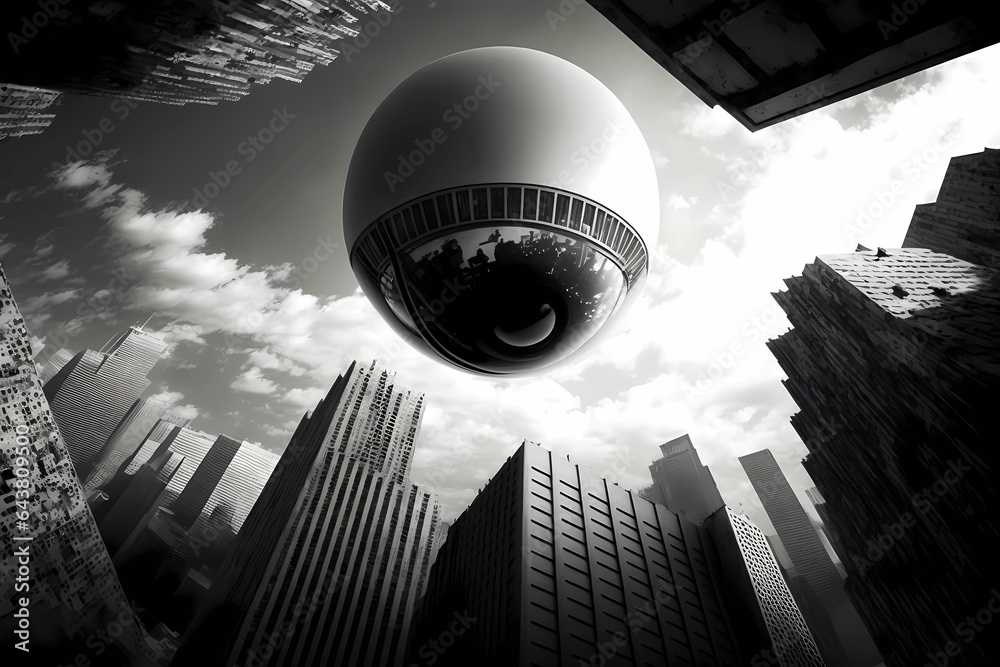Surveillance camera monitoring busy city street in dystopia. Security ...