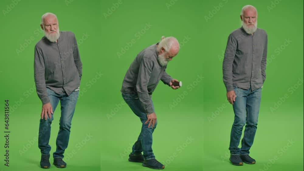 3-in-1 Split Green Screen Montage.An Old Man Who Has Pain in His Leg ...