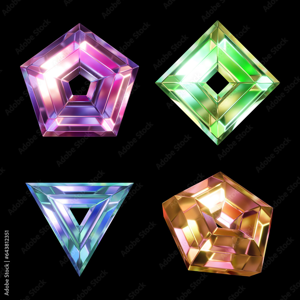 3d render, assorted crystal faceted objects. Colorful glass shapes ...