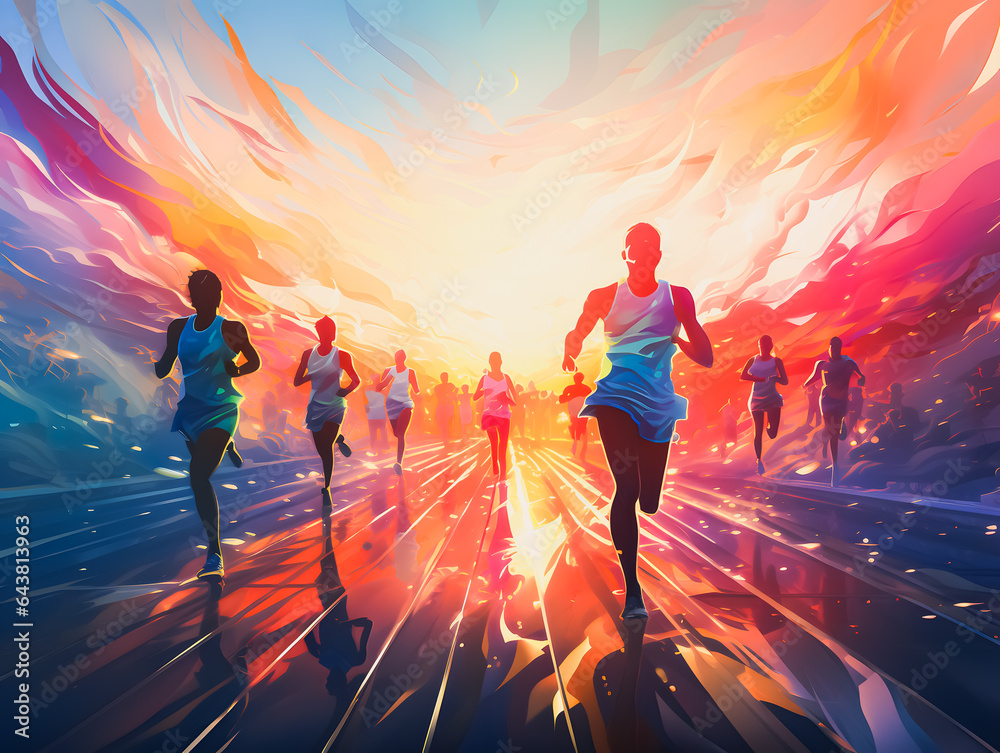 Silhouettes of athletes and sprinters running on the track at the ...