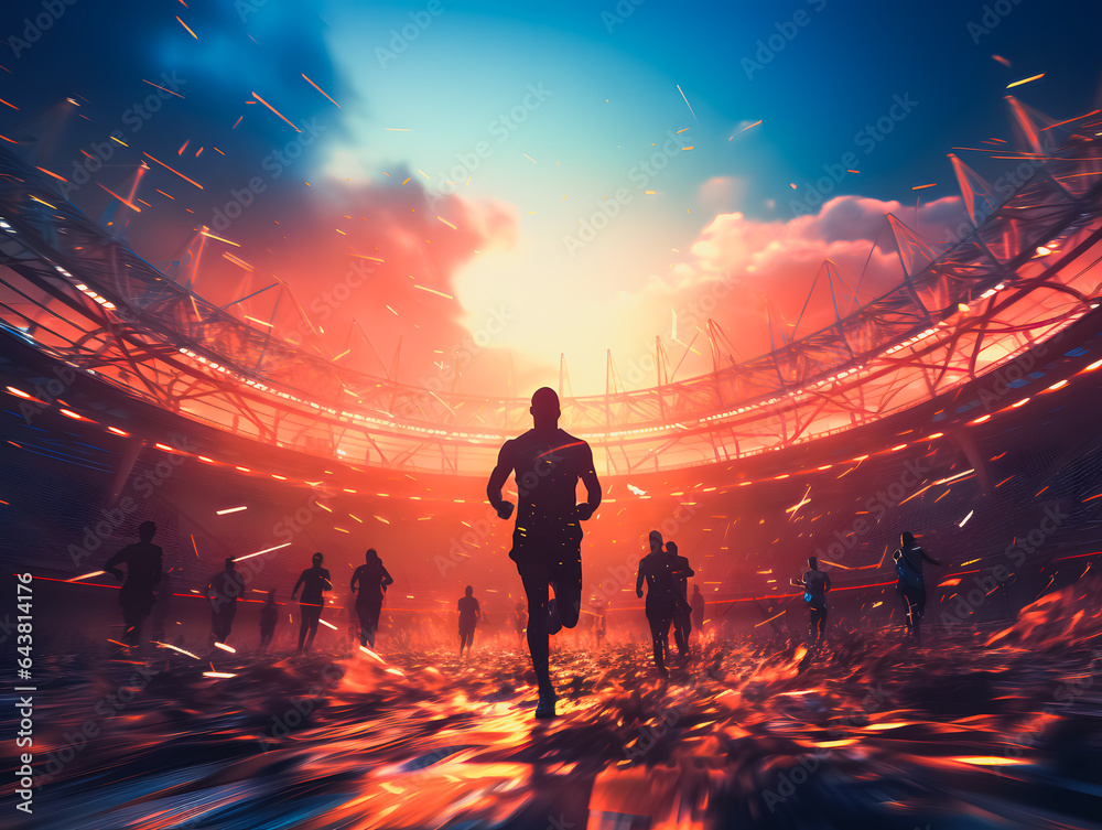 Silhouettes of athletes and sprinters running on the track at the ...