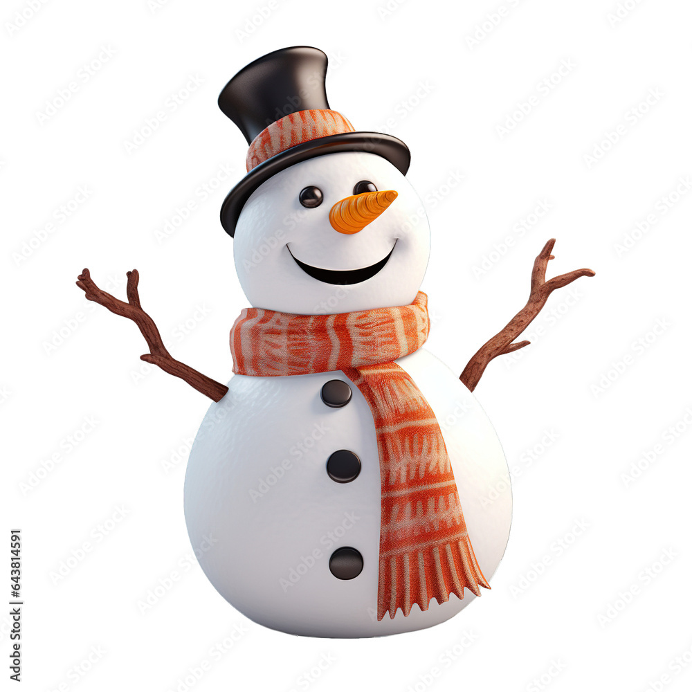Cartoon 3D character of snowman on white transparent background Stock ...