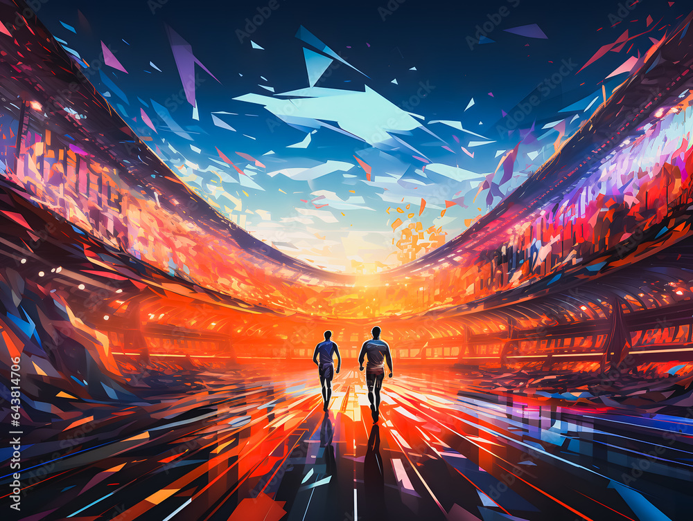 Silhouettes of athletes and sprinters running on the track at the ...