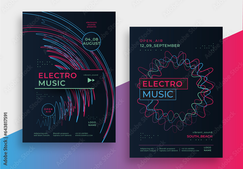 Electronic Music Posters Layout with Neon Sound Waves Stock Template ...