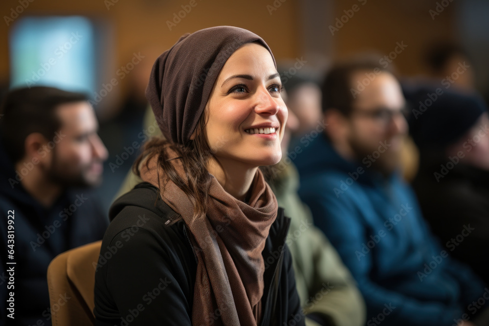 A person attends a discussion group at a community center, engaging in ...