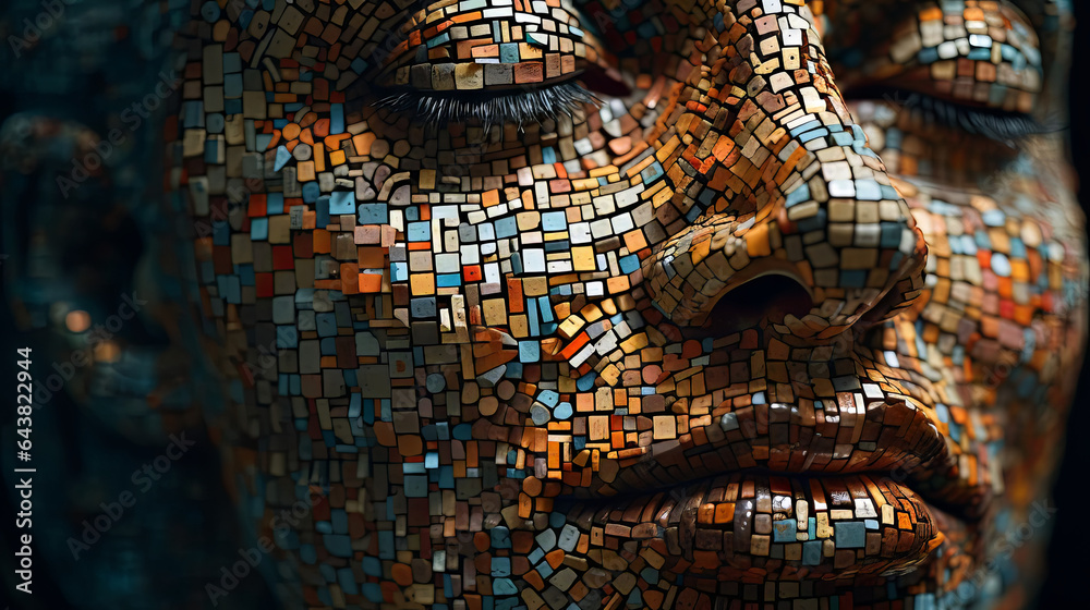 Woman face textured with colored tiles like a mayan colors mozaic ...