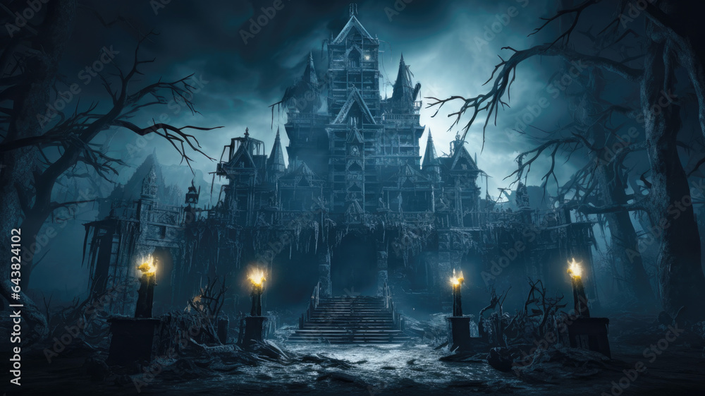 Entrance of dark haunted Gothic castle on Halloween night, creepy view ...