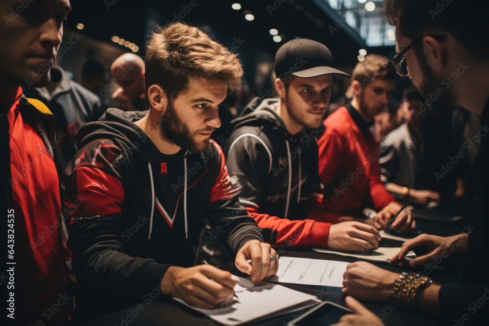 Professional esports players signing autographs for fans at a gaming ...