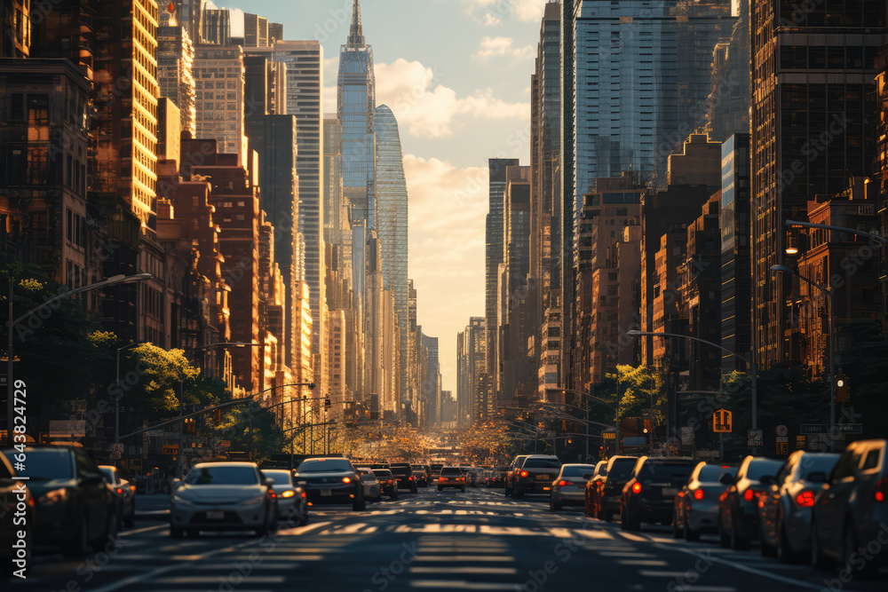 Skyscrapers casting shadows on a crowded city street, highlighting the ...